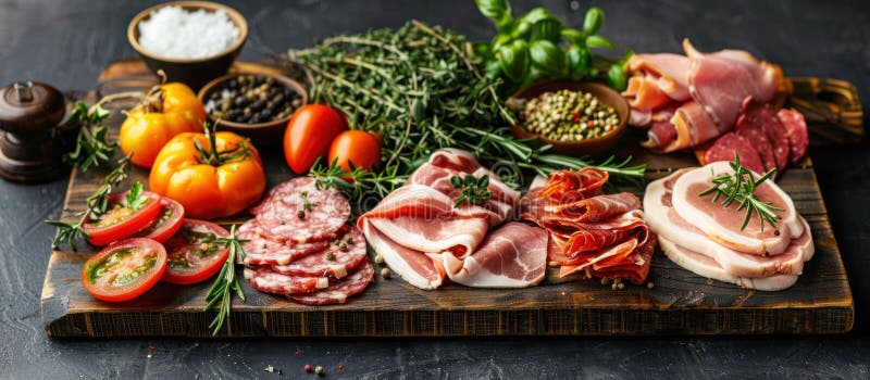 Various Meats and Vegetables on Wooden Cutting Board Stock Photo ...
