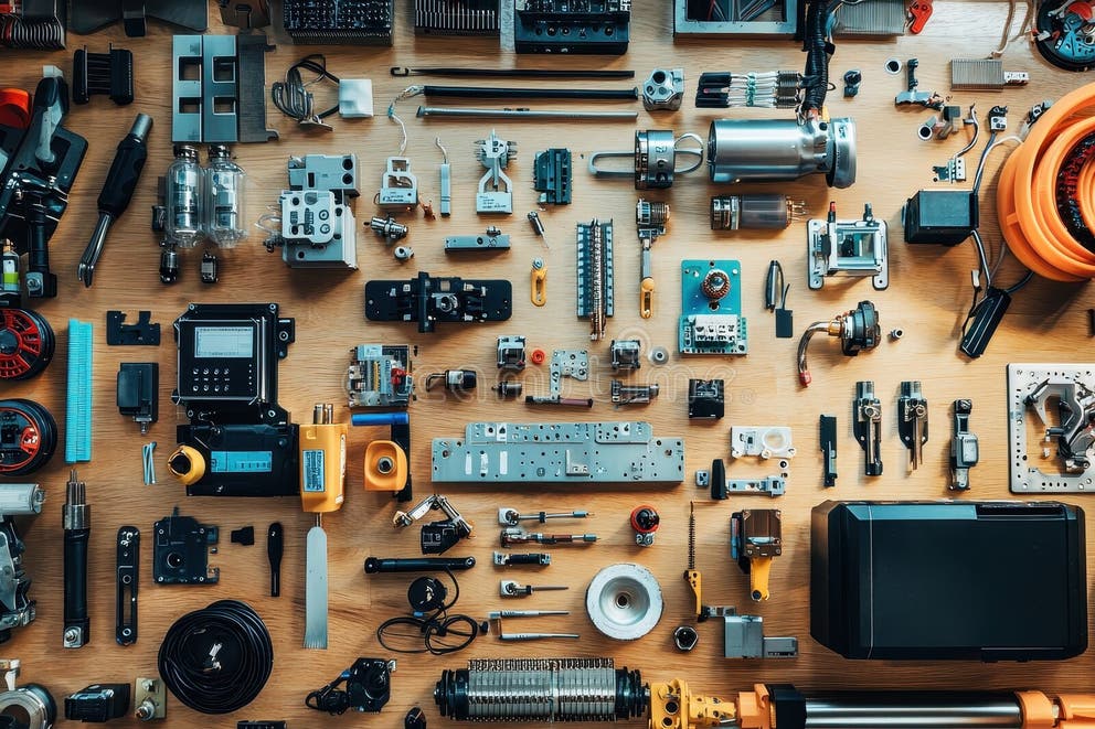 Various Mechanical Components and Tools Spread Across a Workspace Table ...