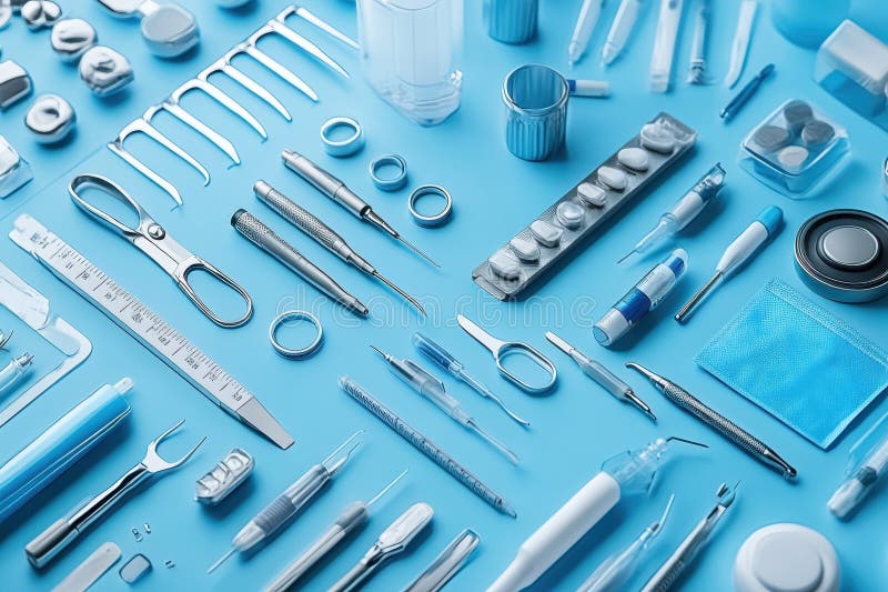 Various Medical and Dental Instruments Arranged Neatly on a Blue ...