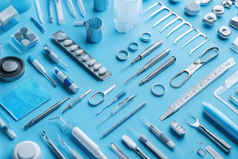 Various Medical and Dental Instruments Arranged Neatly on a Blue ...