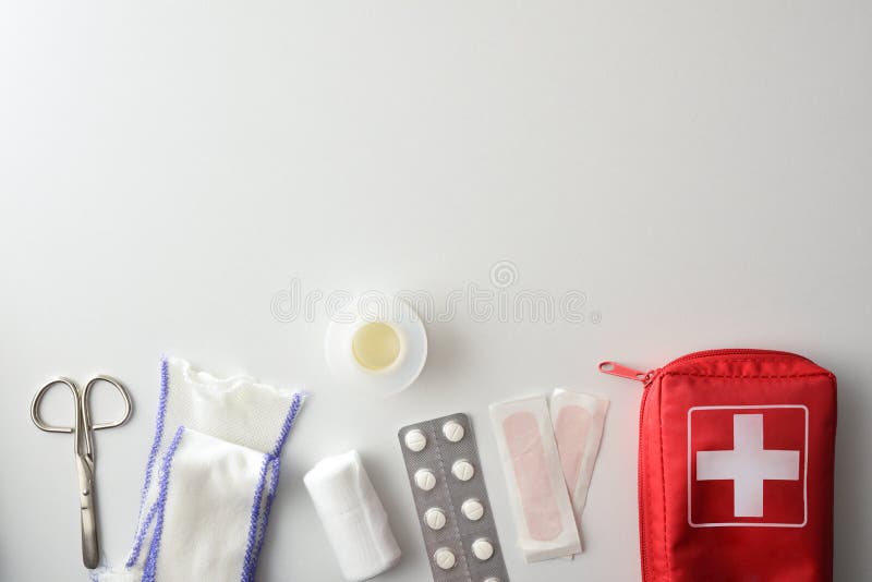 Various Medical Objects for Cures and First Aid on Table Stock Photo ...