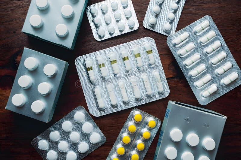 Various Medication Packaging Boxes and Blister Packs with White and ...