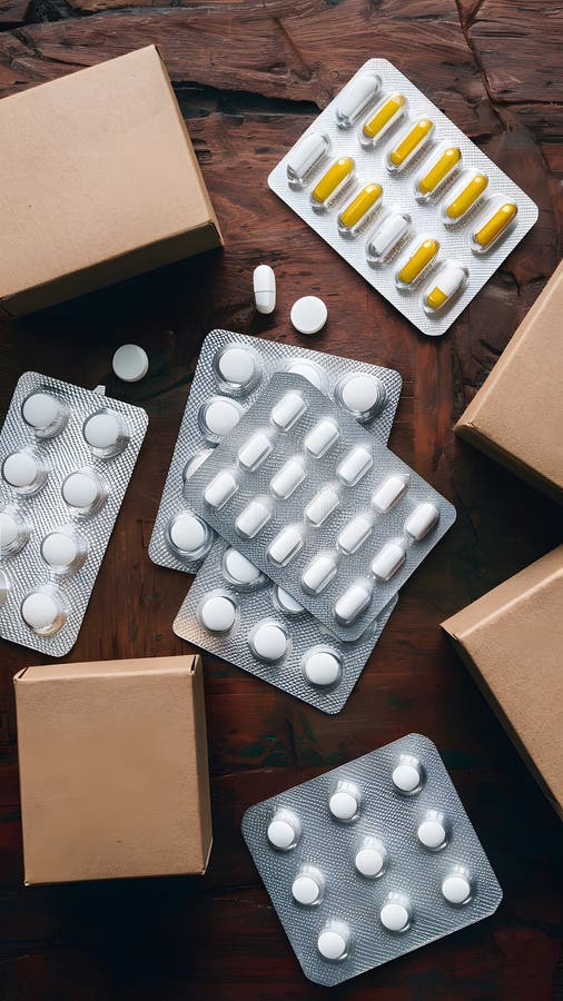 Various Medication Packaging Boxes and Blister Packs with White and ...