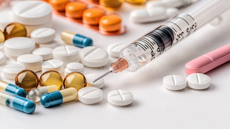 Various Medications Including Pills and Syringe on White Surface Stock ...