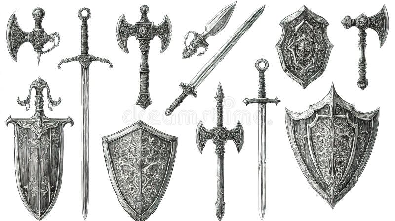 A Collection of Ornate Swords and Shields with Intricate Designs ...