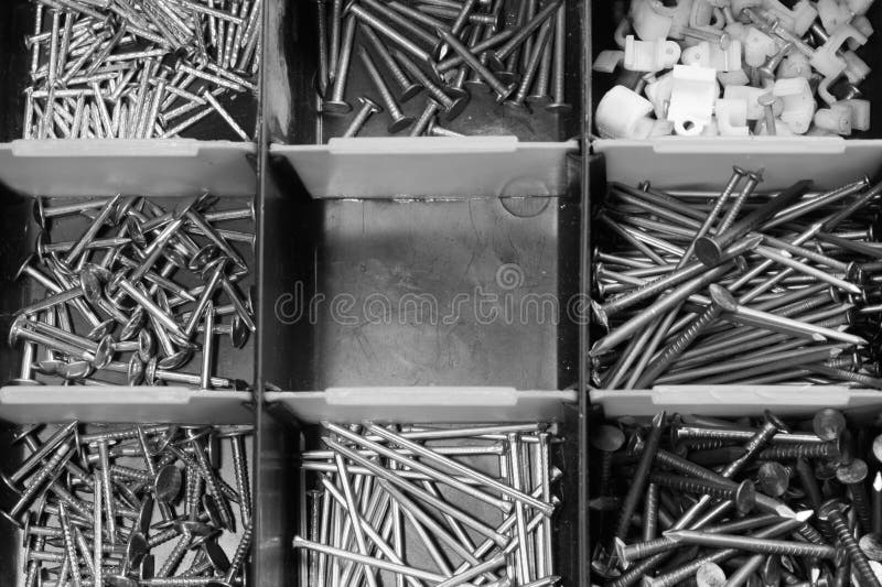 Various Metal Nails in Toolbox Background. Nails in the Cells of the ...
