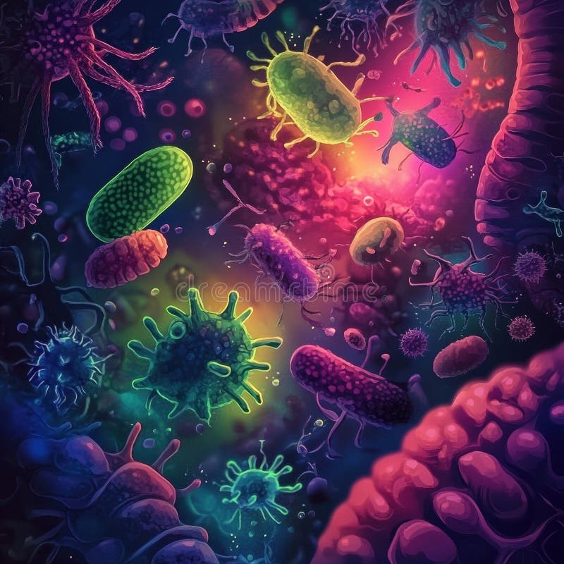 Colorful Illustration of Diverse Microscopic Microbes in Various Shapes ...