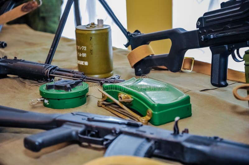 Various Military Weapons on the Table,green Mine on the Table Stock ...