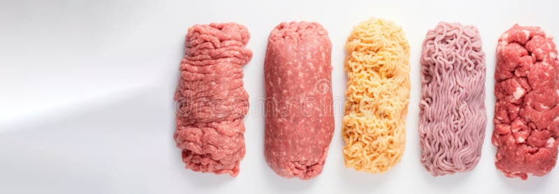 Various Minced Meat in a Row, Culinary Ingredient, White Background ...
