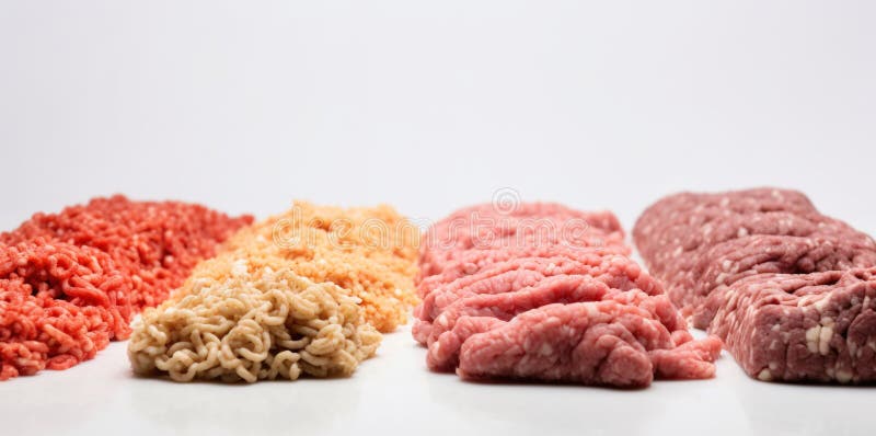 Various Minced Meat in a Row, Culinary Ingredient, White Background ...