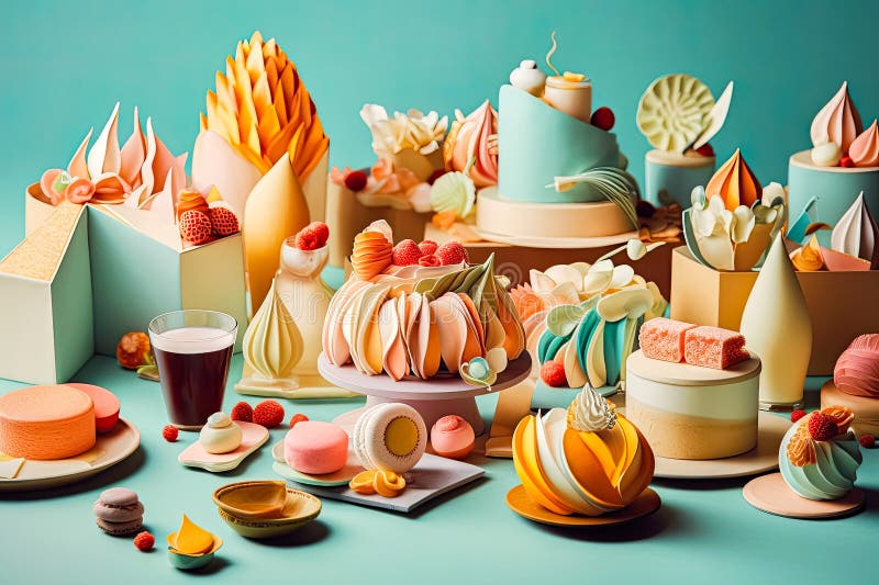 Various Mini Cakes on the Table. Sweets Creative Decorated with Fresh ...