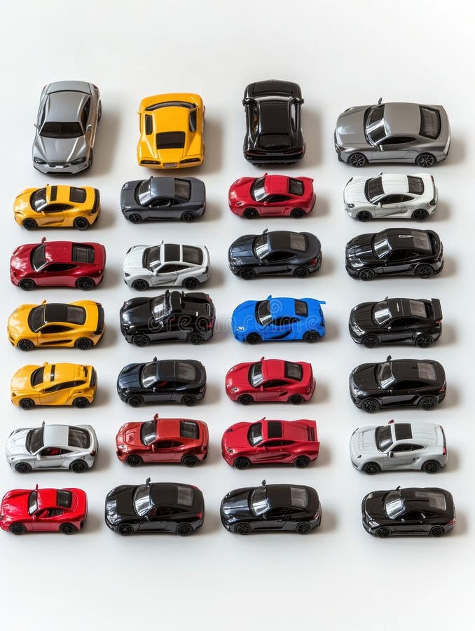 Various Miniature Car Models are Arranged Neatly on a White Surface ...