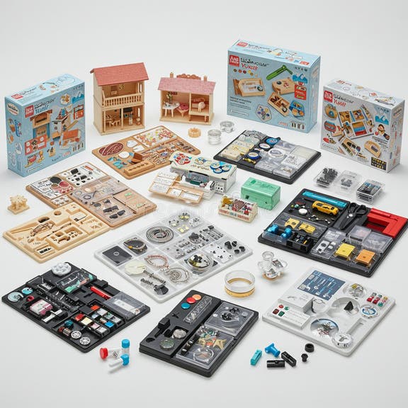 Various Miniaturized Model Kits and Parts Laid Out on a White Surface ...