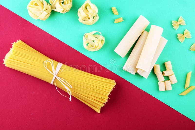 Various Mix of Pasta Flat Lay on Colored Paper. Diet and Food Co Stock ...