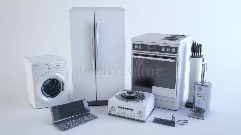 Modern Kitchen Appliances Including a Refrigerator, Washing Machine ...