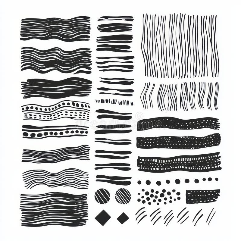 Various Modern Strokes with a Pen Brush and a Pencil. Waves, Straight ...