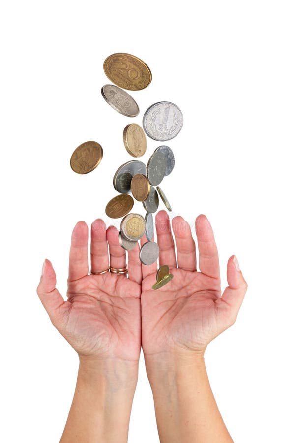 Various Money Coins Rain Falling Down in To Hands Stock Photo - Image ...