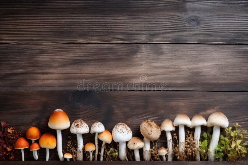 Various Mushrooms on Rustic Background AI Generated Stock Illustration ...