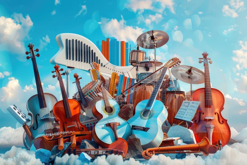 Various Musical Instruments Floating in the Sky, Suitable for Music ...