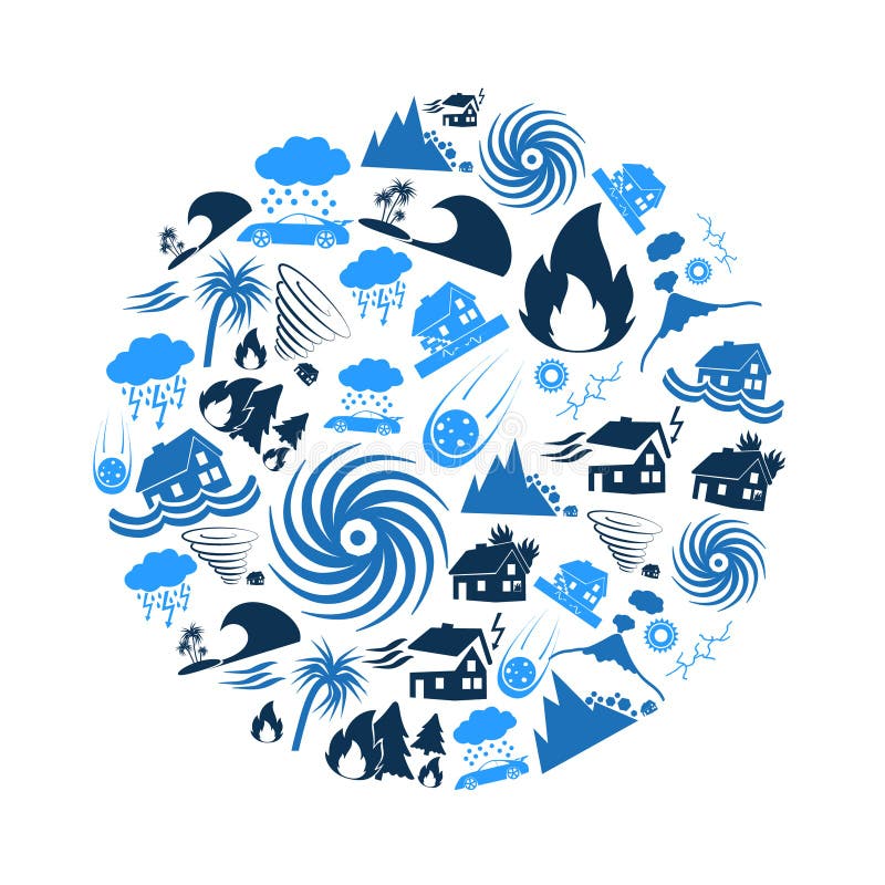 Natural Disasters Icons Like Earthquake, Tsunami, Hurricane, Avalanche ...