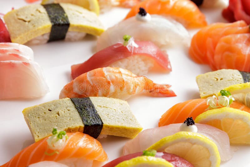 Various of Nigiri Sushi on White Plate Stock Image - Image of healthy ...