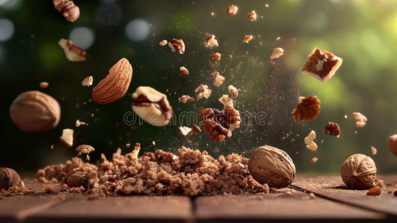 Various Nuts Falling Onto Wooden Surface Stock Illustration ...