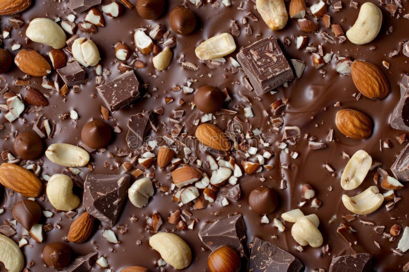 Various Nuts Scattered Over Melted Chocolate. Texture of Chocolate ...