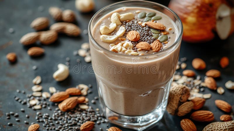 Various Nuts and Seeds Placed Around a Creamy, Protein-packed Smoothie ...