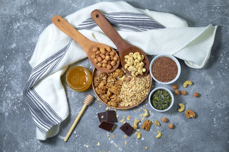 Various Nuts on Stone Table. Top View with Copy Space Stock Image ...