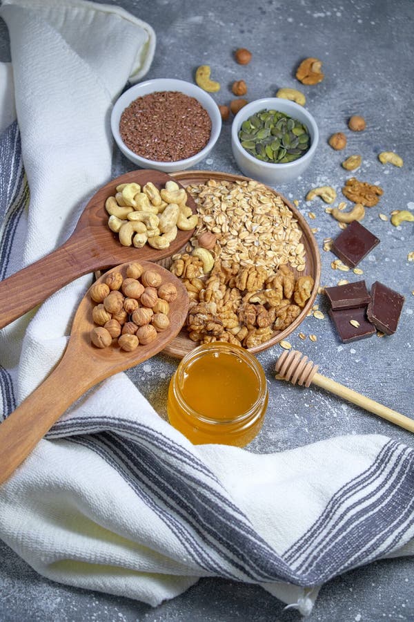 Various Nuts on Stone Table. Top View with Copy Space Stock Image ...