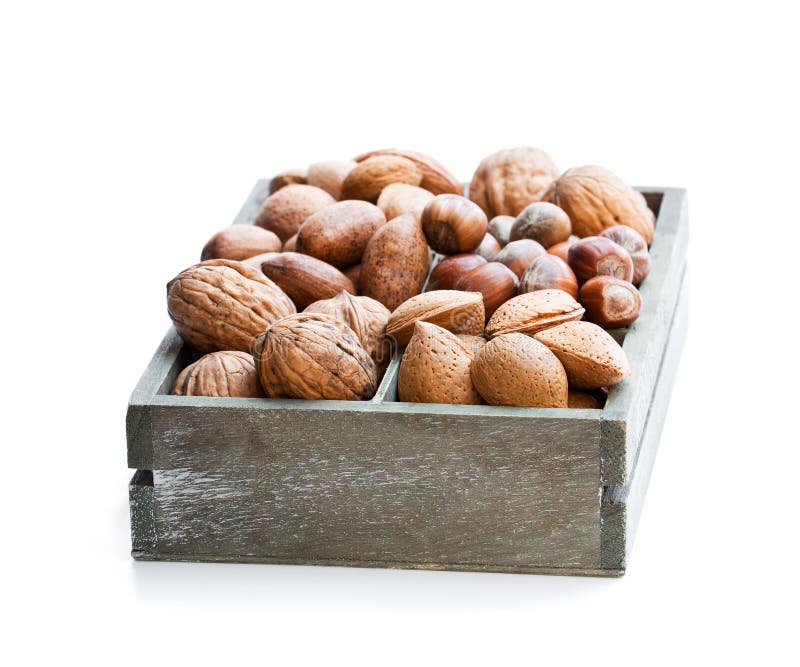 Various Nuts in Wooden Box Isolated on White Stock Image - Image of ...