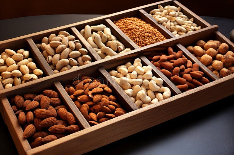 Various Nuts in Wooden Boxes in Rows. Stock Photo - Image of almonds ...