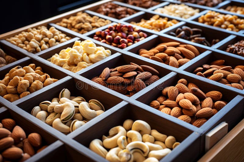 Various Nuts in Wooden Boxes in Rows. Stock Photo - Image of dried ...