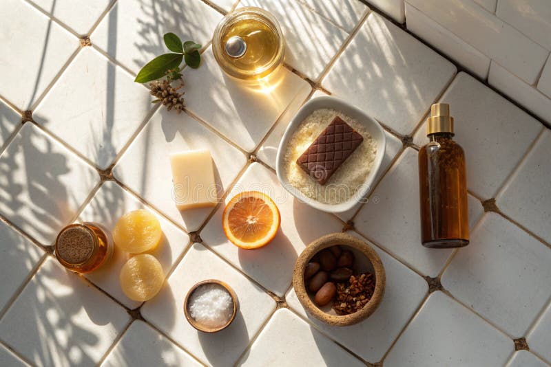 Various Objects on a White Tile Background Stock Illustration ...