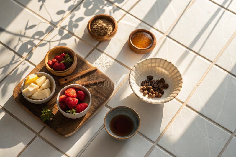 Various Objects on White Tile Background with Sunlight Stock ...