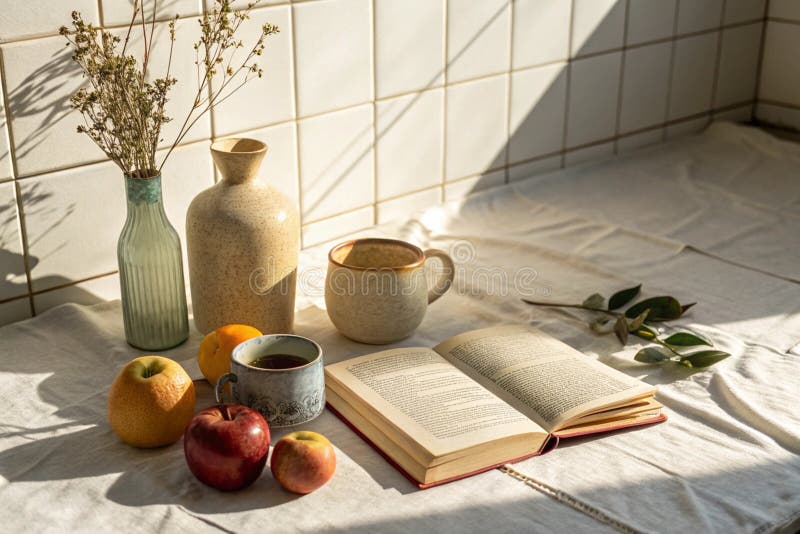 Various Objects on White Tile Background with Sunlight Stock ...