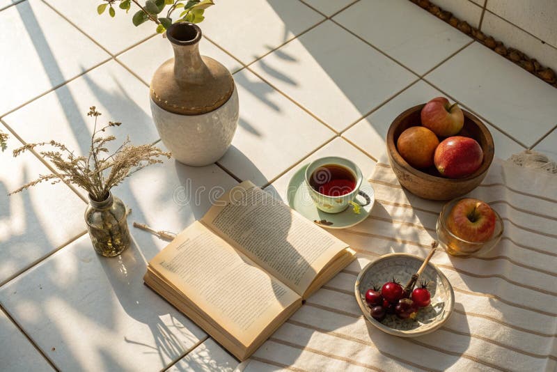 Various Objects on White Tile Background with Sunlight Stock ...