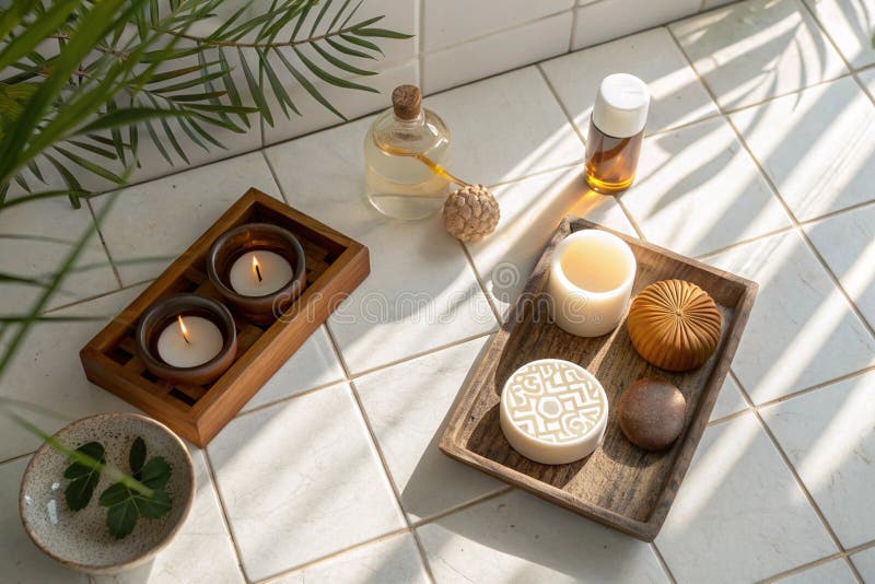 Various Objects on White Tile Background with Sunlight Stock ...