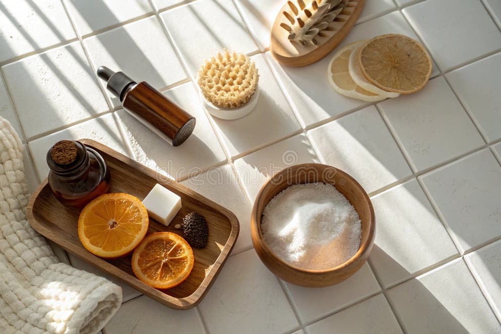 Various Objects on White Tile Background with Warm Sunlight Stock ...