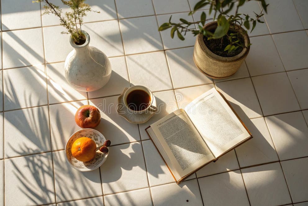 Various Objects on White Tile Background with Warm Sunlight Stock ...