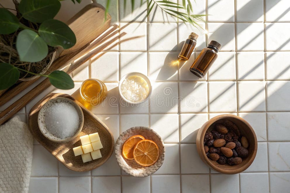 Various Objects on White Tile Background with Warm Sunlight Stock ...