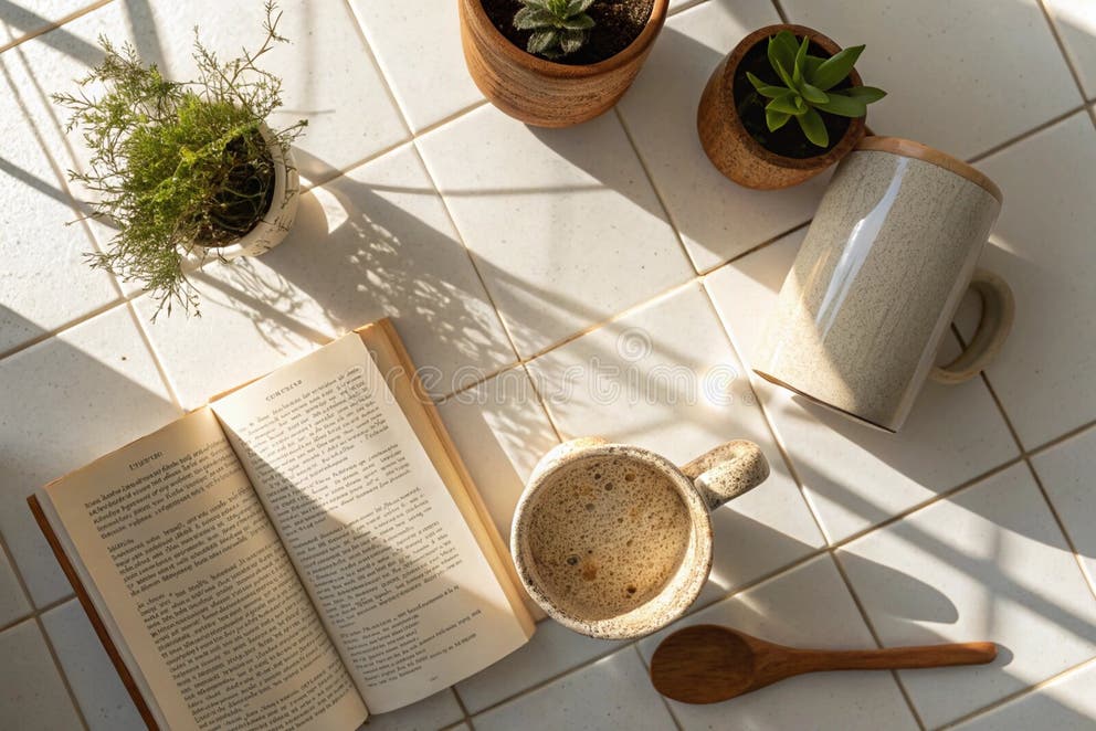 Various Objects on a White Tile Background with Warm Sunlight Stock ...