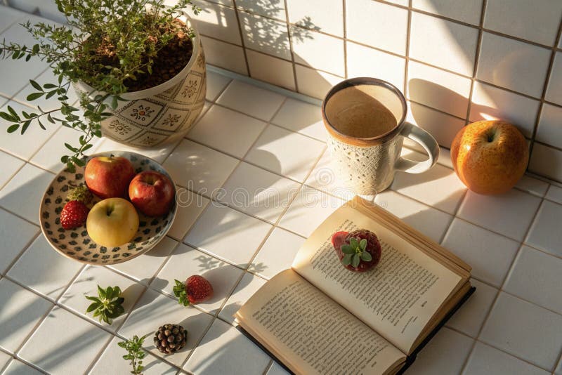 Various Objects on White Tile Background with Warm Sunlight Stock ...