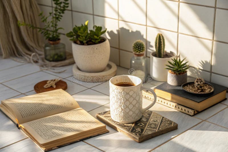 Various Objects on a White Tile Background with Warm Sunlight Shining ...