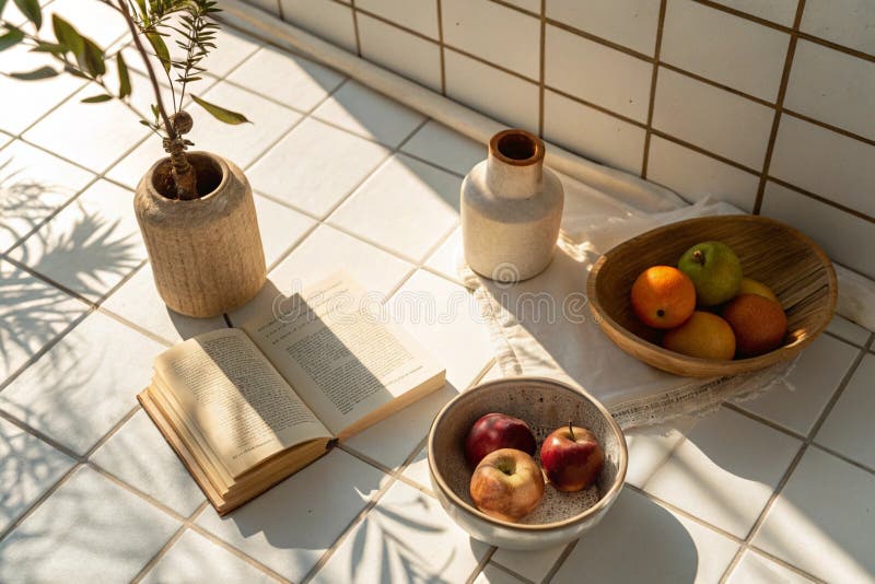 Various Objects on a White Tile Background with Warm Sunlight Shining ...