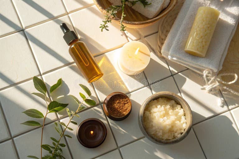 Various Objects on a White Tile Background with Warm Sunlight Shining ...