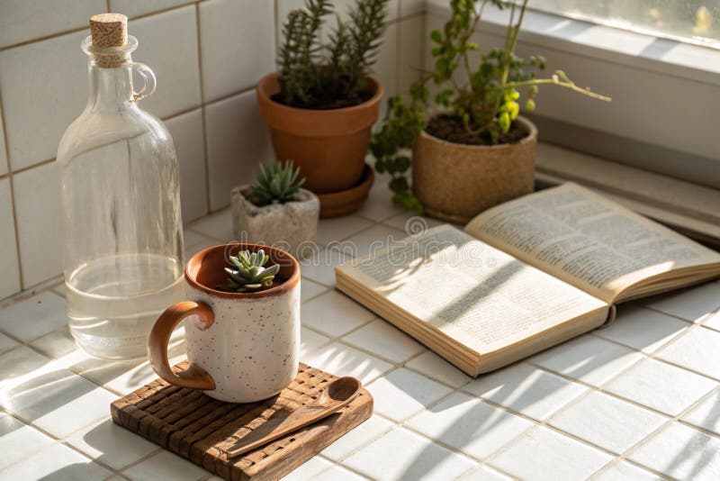 Various Objects on White Tile with Sunlight Stock Illustration ...