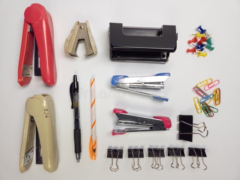 Various Office Supplies Arranged White Surface Business Use Stock ...