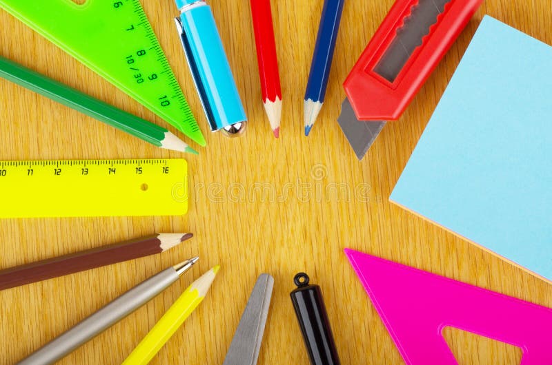 Various Office Supplies on Table Stock Image - Image of horizontal ...