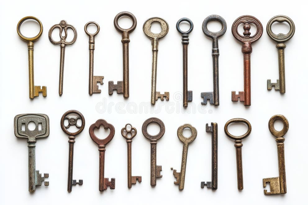 Various Old Keys in Different Styles are Presented on a White ...